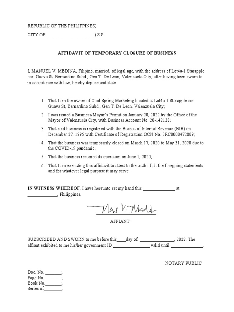 Affidavit of Temporary Closure | PDF
