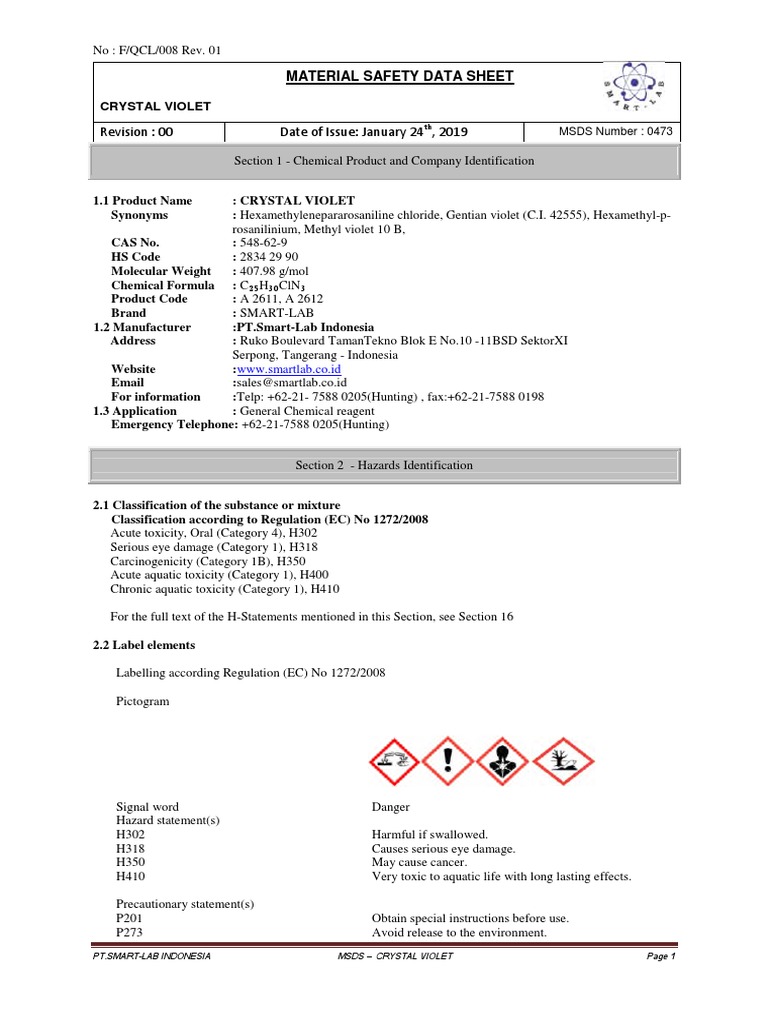 Msds Crystal Violet Pdf Toxicity Personal Protective Equipment