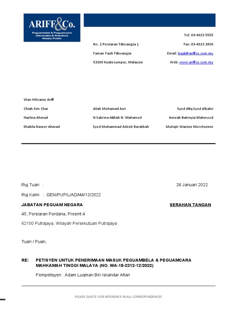 Petition For Admission Advocate and Solicitor (Adam Luqman Bin Iskandar ...