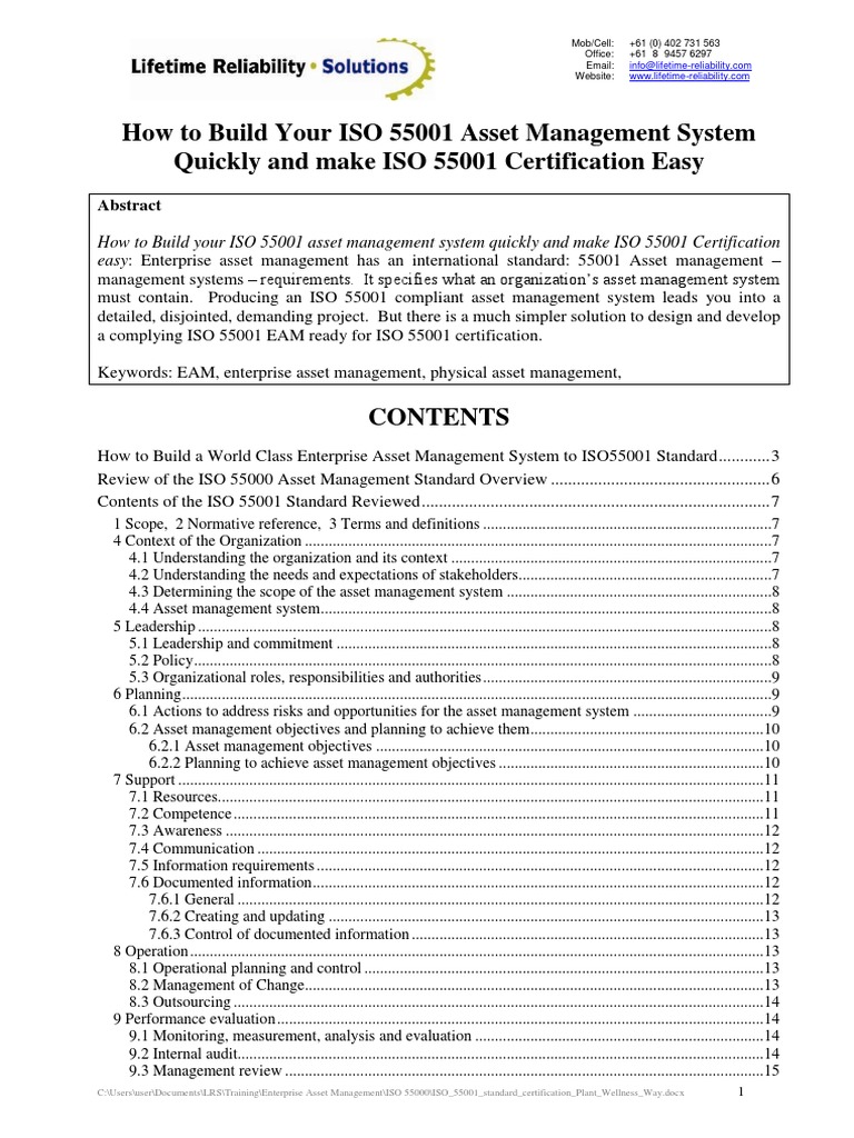 ISO 55001 Gap Analysis Checklist | PDF | Risk | Asset Management