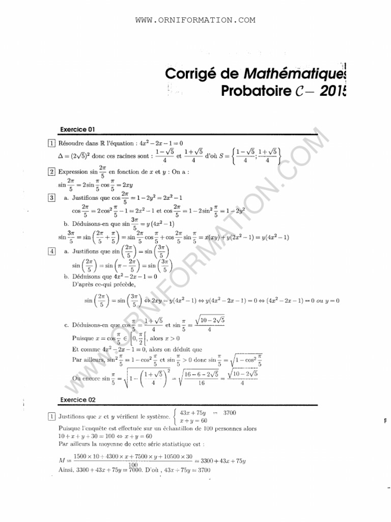 Orniformation Épreuve Corrigé Mathématiques Probatoire C Session 2015 | PDF