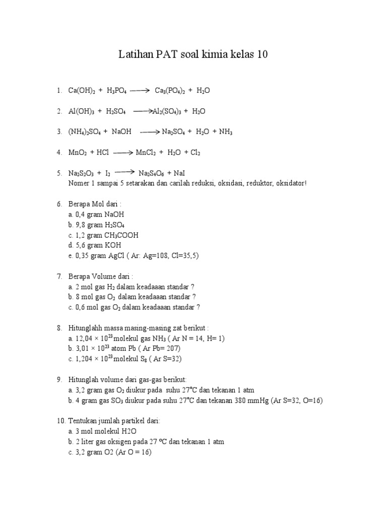 Latihan PAT Soal Kimia Kelas 10 | PDF