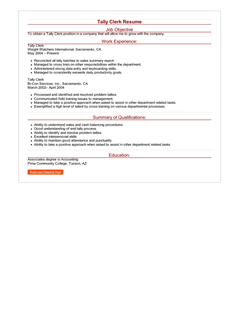 Tally Clerk Resume Overview | PDF | Career & Growth