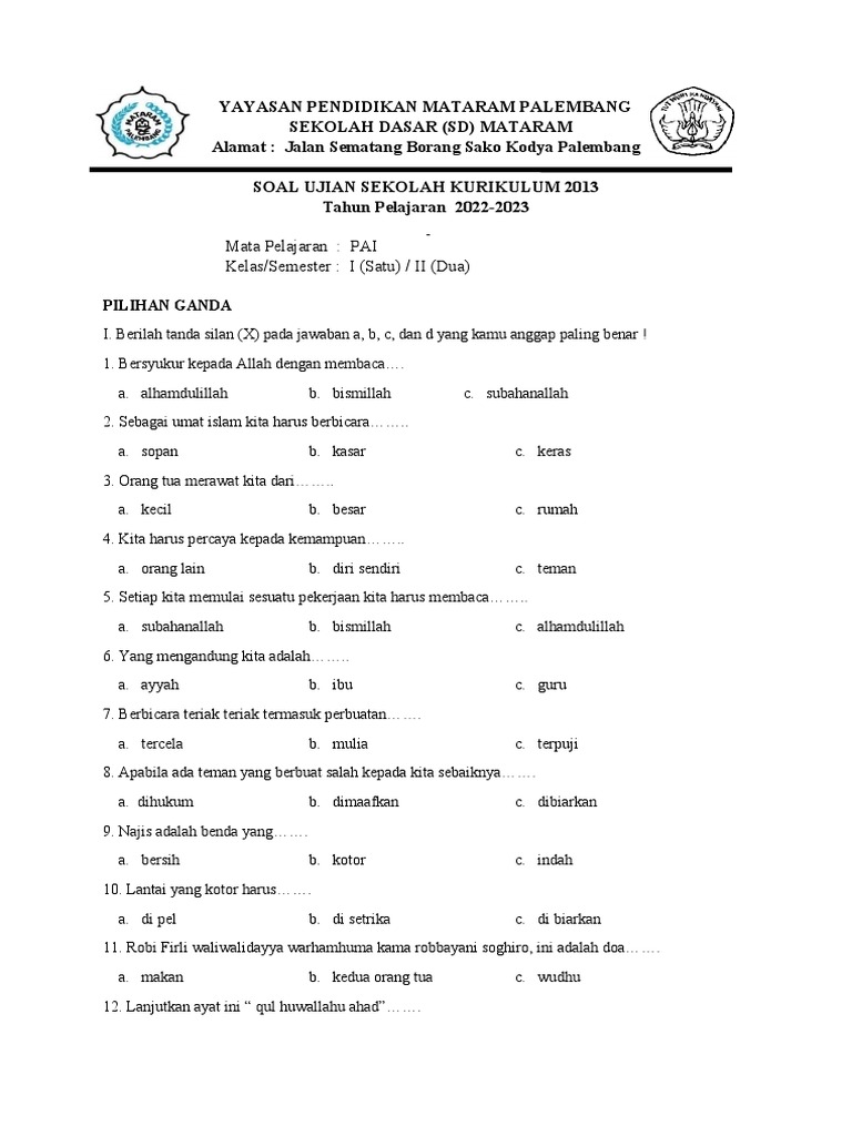 Soal PAI SD Kelas 1 Semester 2 | PDF