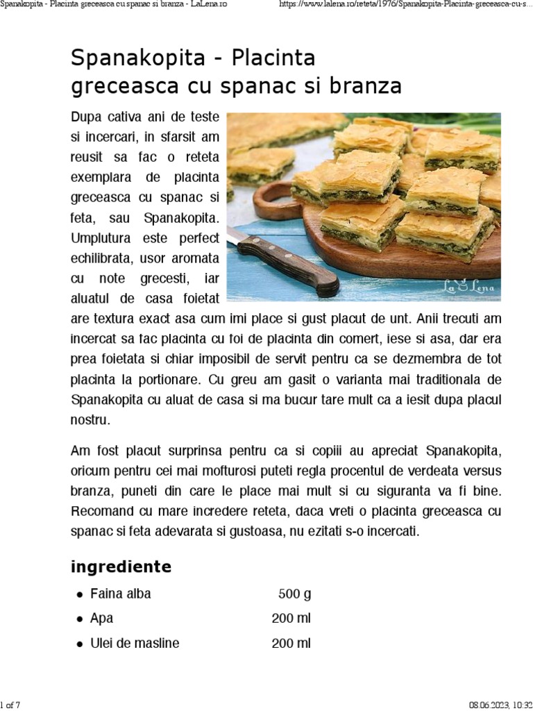 Spanakopita - Placinta Greceasca Cu Spanac Si Branza - LaLena | PDF