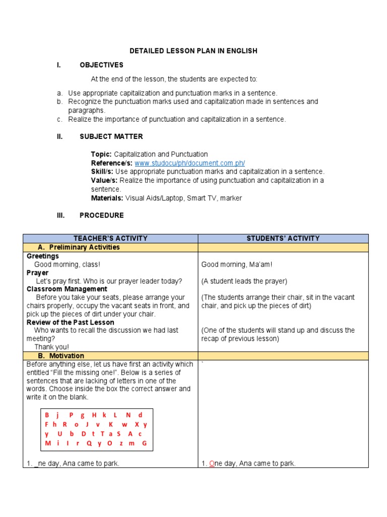 DETAILED LESSON PLAN IN ENGLIS1 | PDF | Lesson Plan | Punctuation