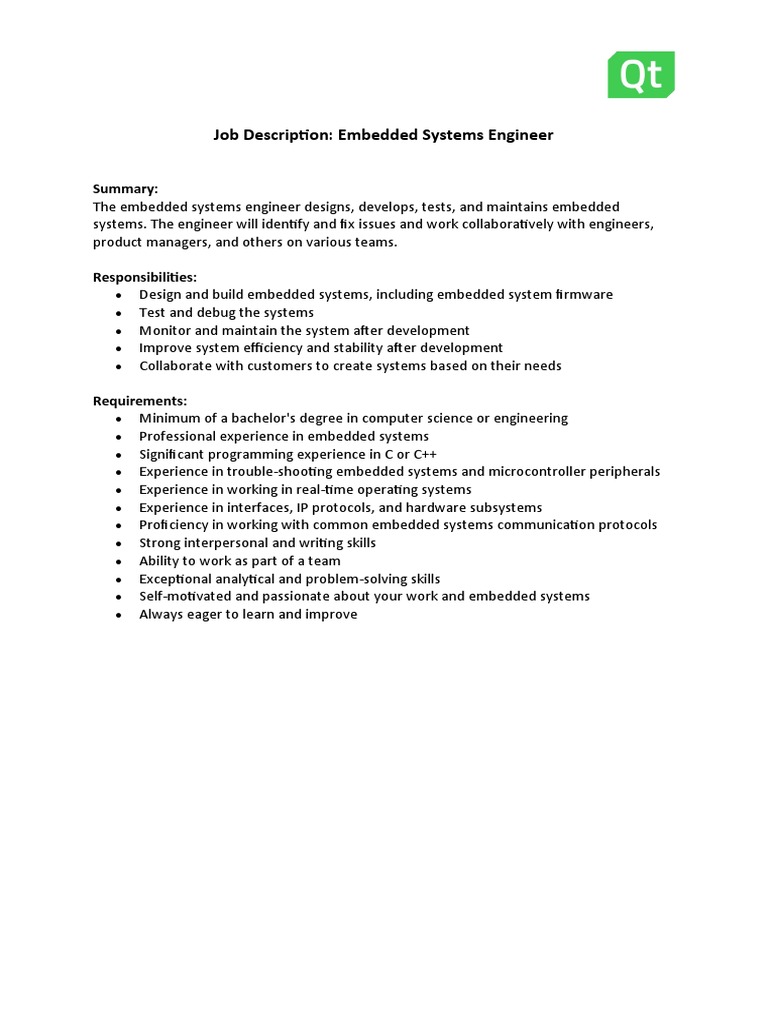 Job Description Embedded Systems Engineer | PDF