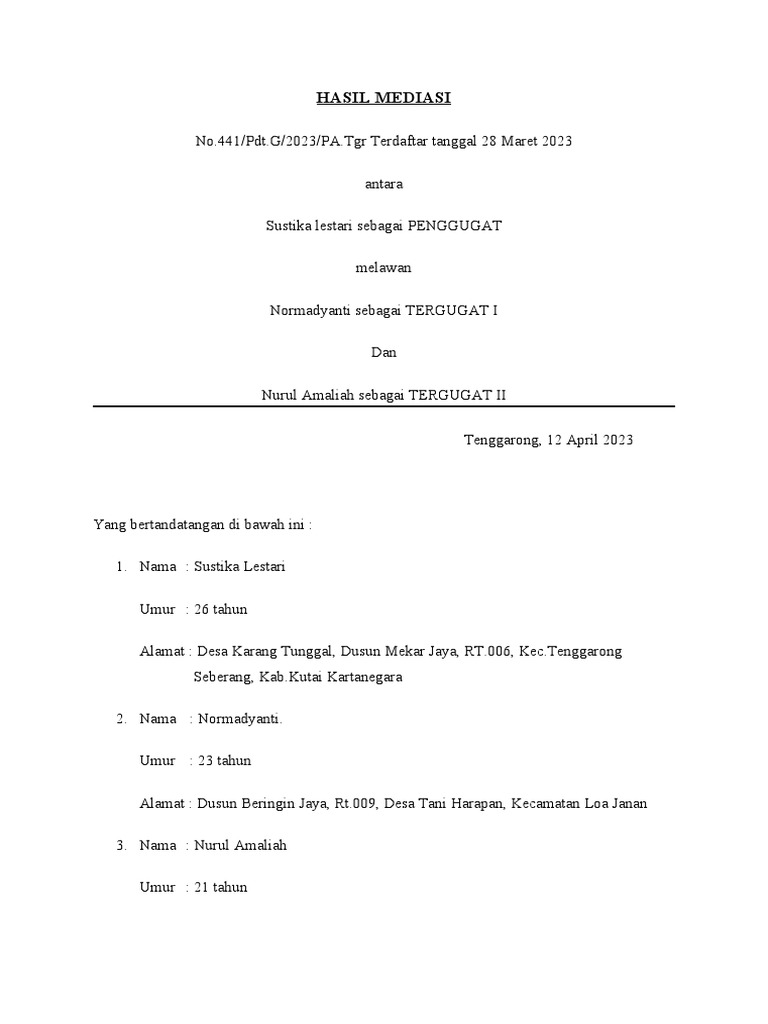 Hasil Mediasi Sengketa Waris | PDF