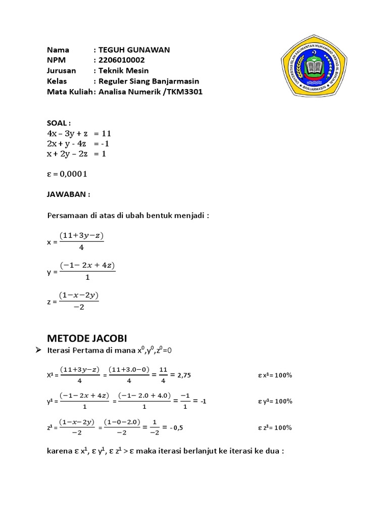 Iterasi Metode Jacobi dalam Analisa Numerik | PDF