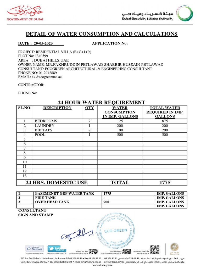Detail For Water Consumption and Calcullation Villa - 01 | PDF