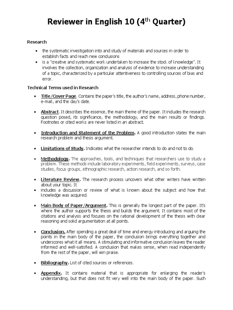 Reviewer in English 10 4th PT | PDF | Definition | Methodology