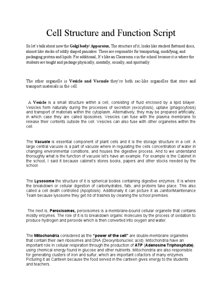 Cell Structure and Function Script | PDF | Vesicle (Biology And Chemistry) | Vacuole