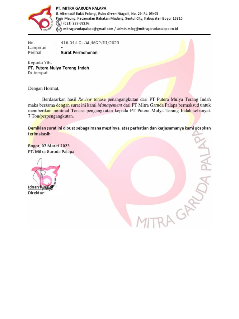 (230308) Surat Permohonan Minimal Tonase Pengangkutan PT Putera Mulya | PDF