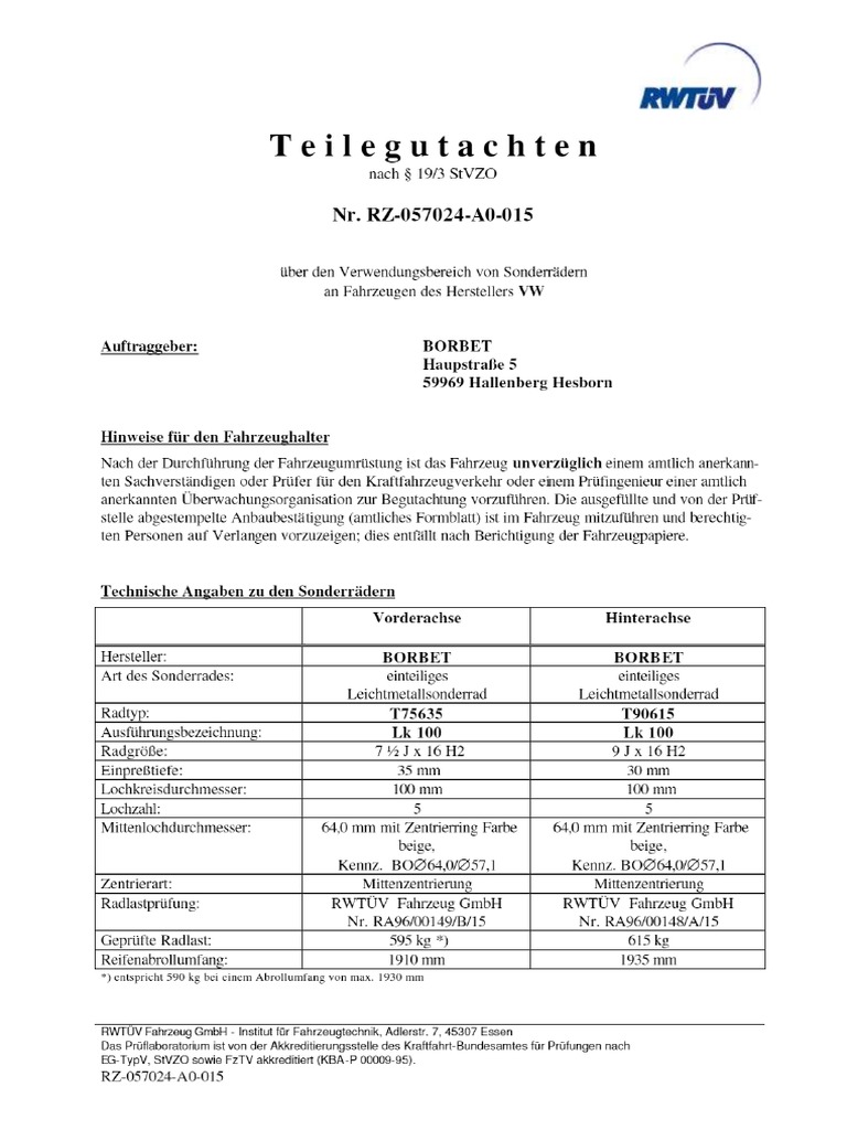 VW Borbet T - 75635 - 90615 - Tuv | PDF