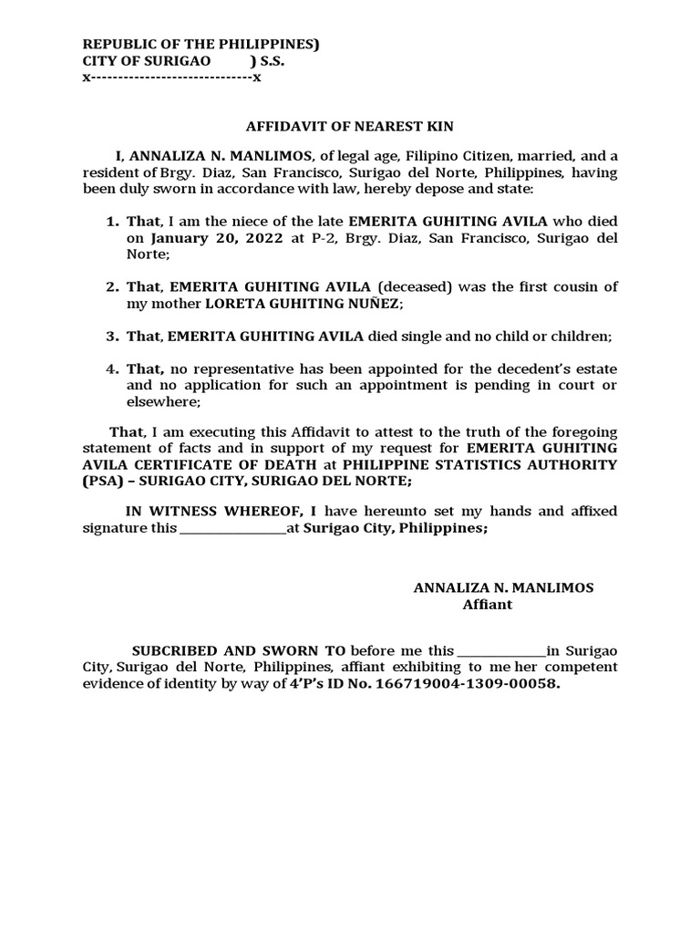 Affidavit of Nearest Kin (First Cousin) | PDF