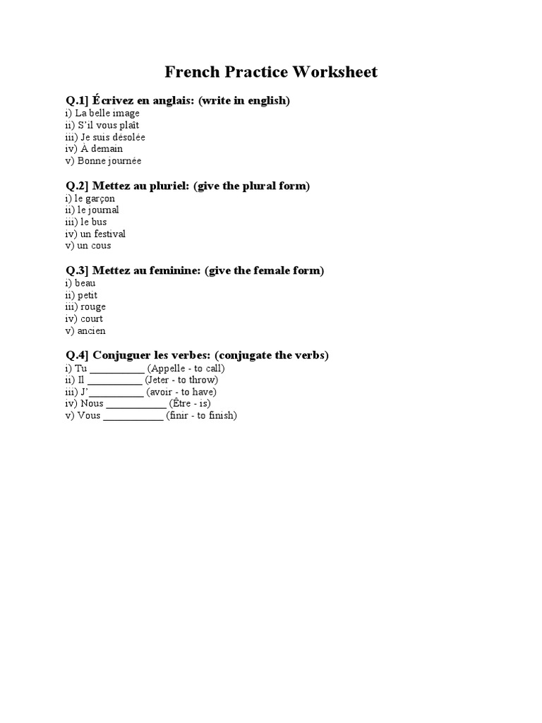 6th STD French Practice Worksheet | PDF | Language Arts & Discipline