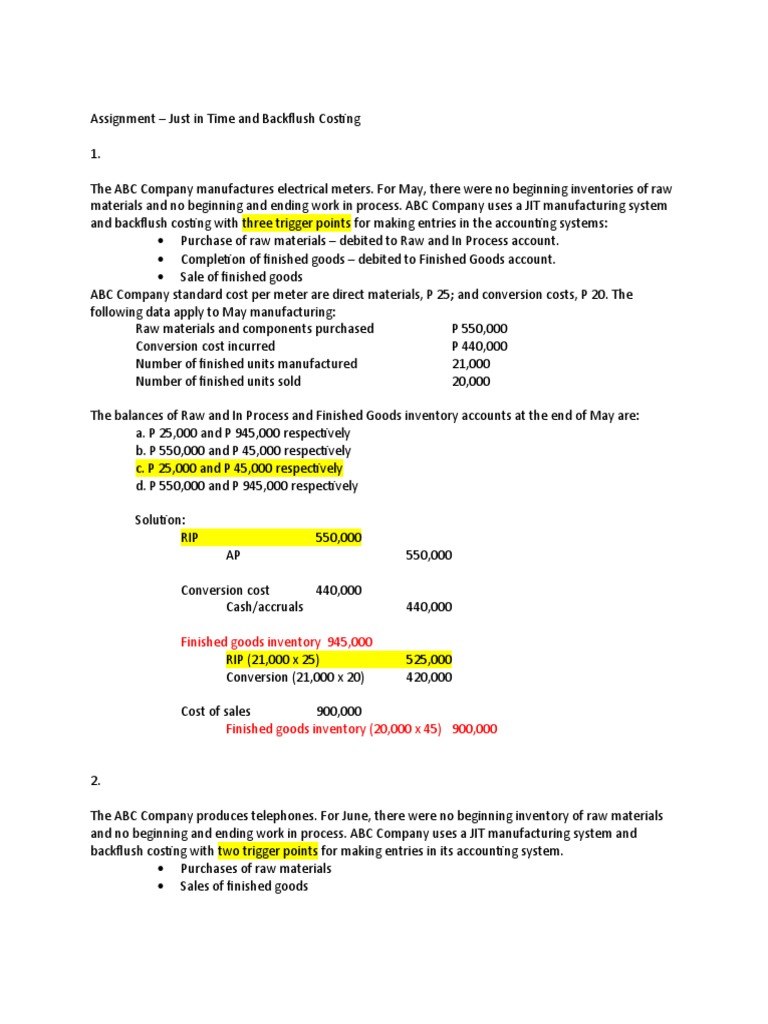 Discussion of Assignment - Just in Time and Backflush Costing | PDF | Cost Of Goods Sold | Inventory