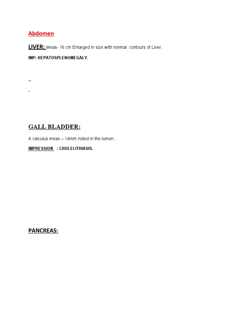 USG ABDOMEN Format | PDF | Kidney | Urinary Bladder