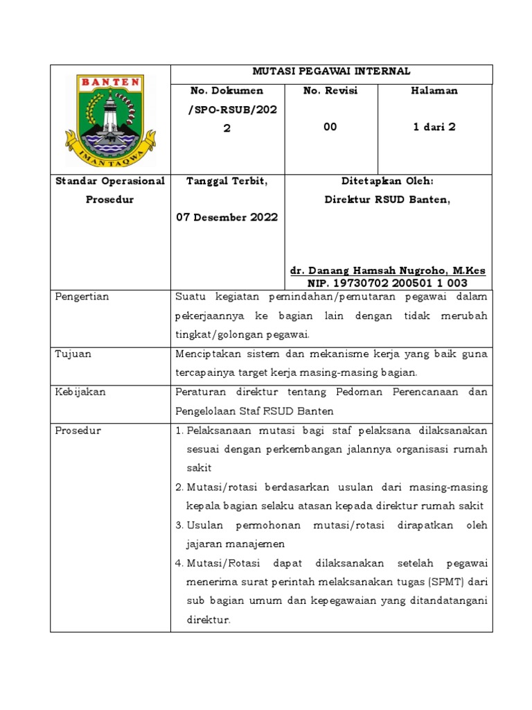 SPO Mutasi Pegawai Internal RSUD Banten | PDF
