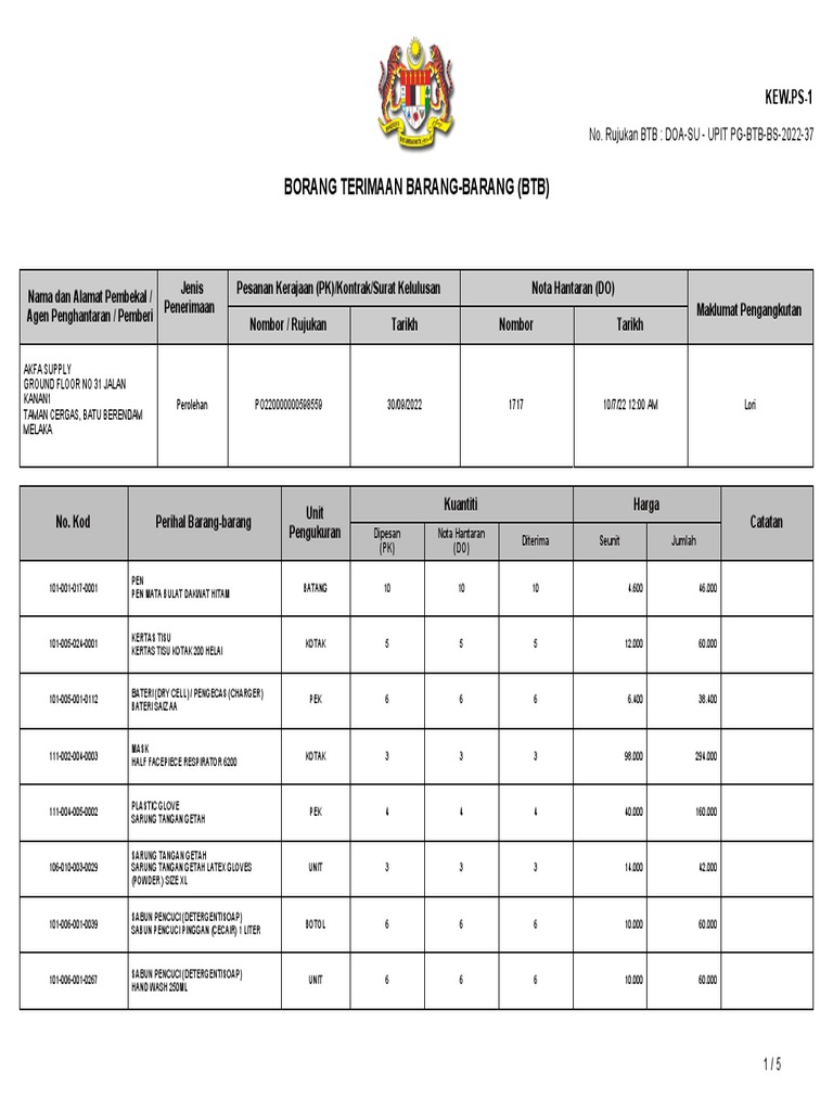 Borang Terimaan Po220000000598559 | PDF