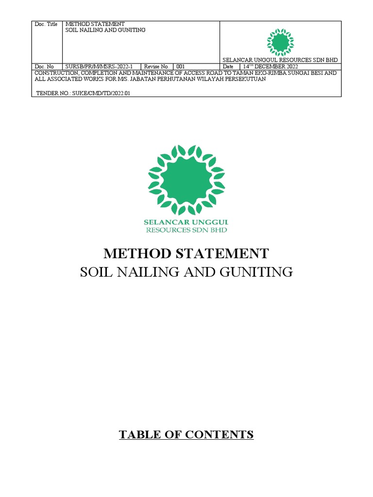 1.8 Method Statement - Soil Nailing and Guniting Sursb | PDF | Casing ...