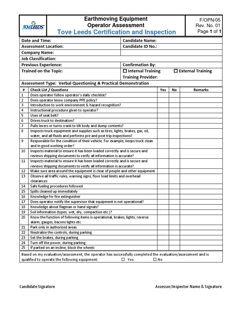 F - OPN - 05 R1 Assessment Form - Earthmoving Equipment | PDF | Truck
