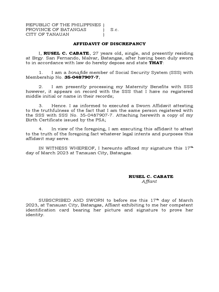 Affidavit of Discrepancy - Form For Birth Cer | PDF