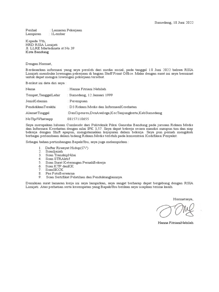Lamaran RSIA Limijati | PDF | Ilmu Sosial | Sains & Matematika
