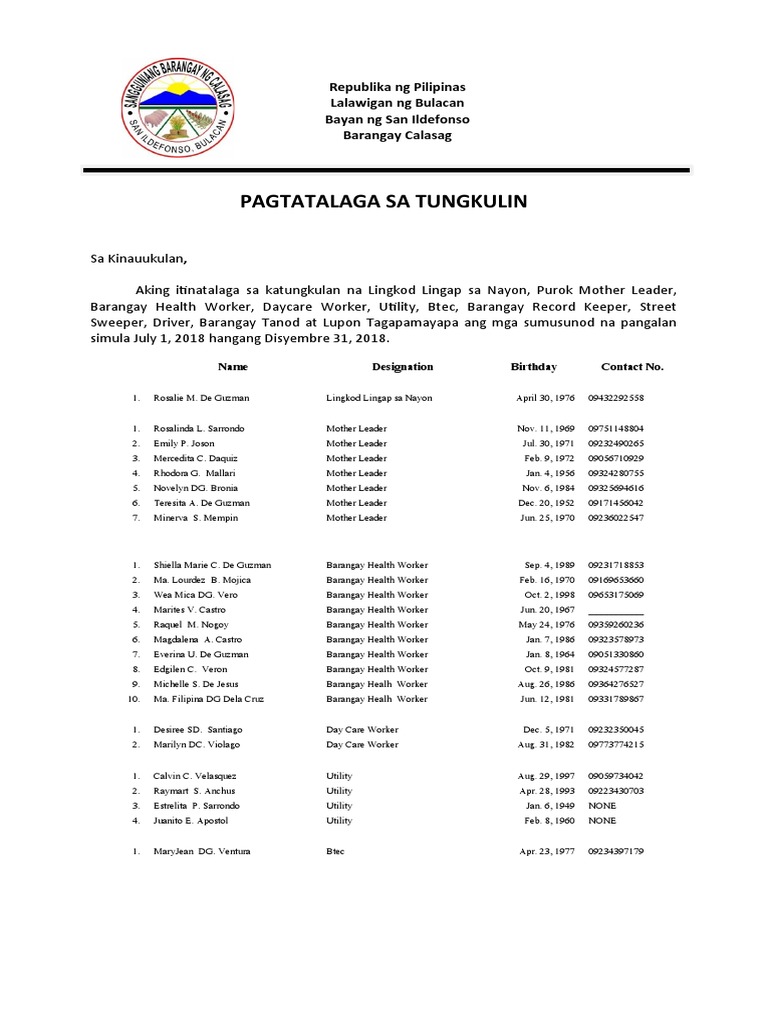 Pagtatalaga ng Tungkulin sa Barangay | PDF | Sports & Recreation | Home ...