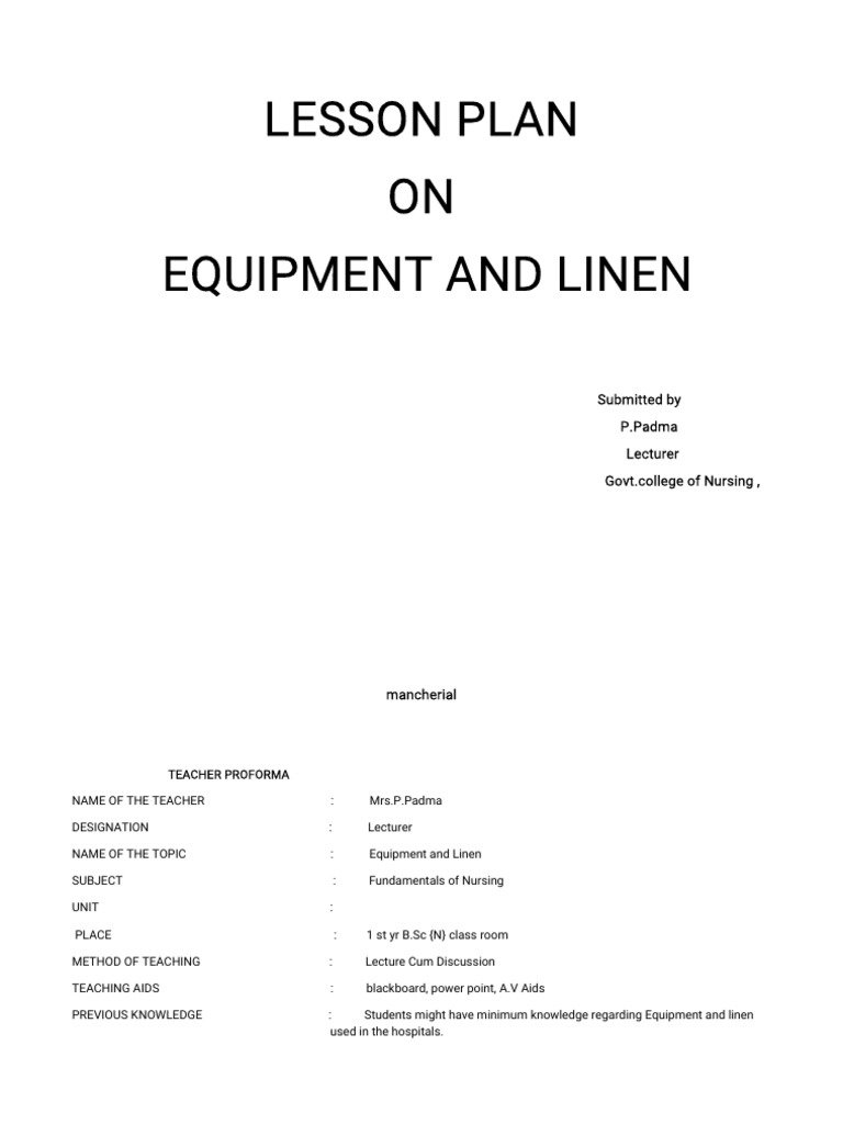 LESSON PLan on equipment n linen | PDF