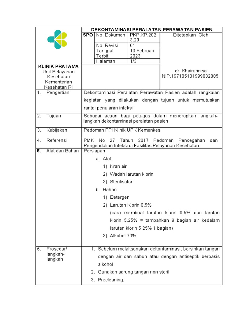 Sop Dekontaminasi Peralatan Perawatan Pasien | PDF