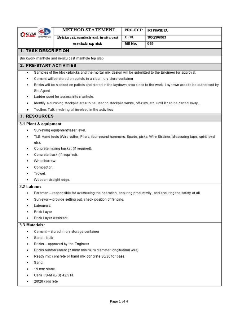 Brickwork Manhole Construction Method | PDF | Concrete | Brick