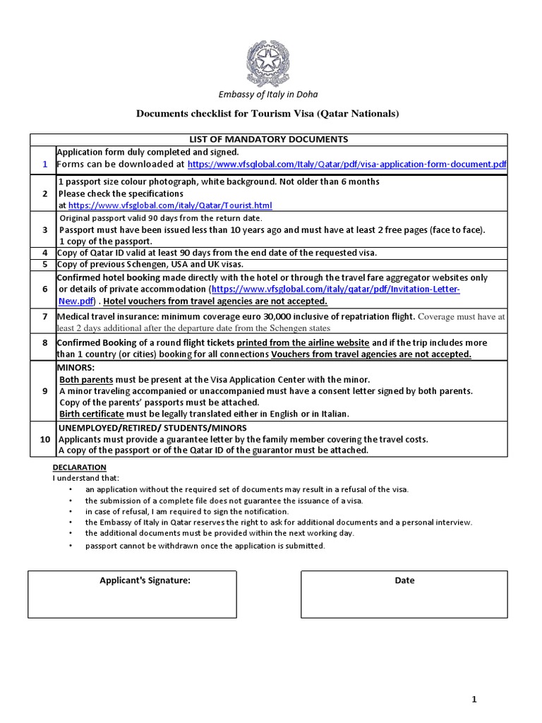 Italy Visa Checklist for Qataris | PDF | Travel Visa | Passport