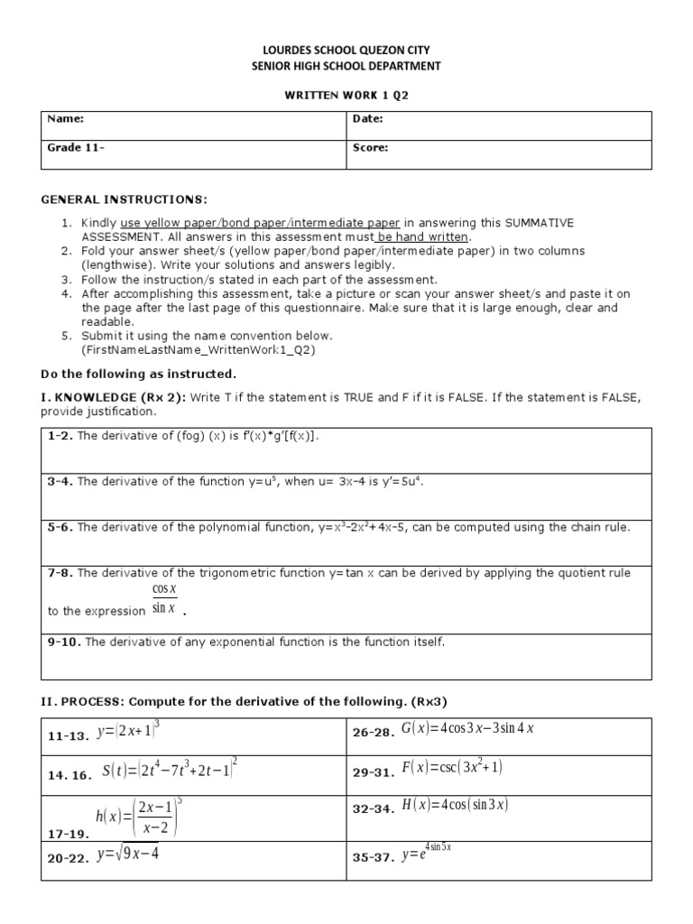 Calculus Assessment for Students | PDF