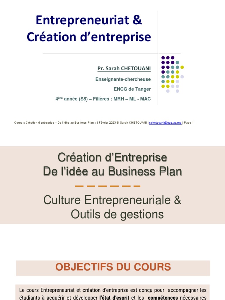 Cours Entrepreneuriat & CrÃ© Ation D'entreprise 2022-2023 | PDF