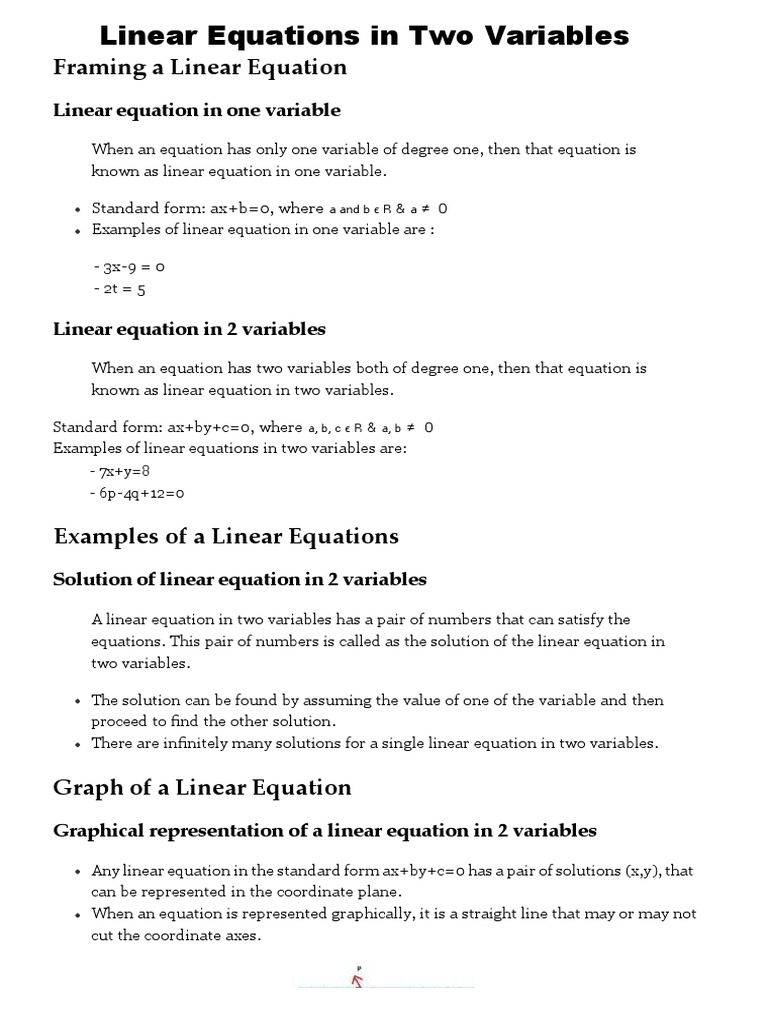 Linear Equations in Two Variables Class 9 | PDF