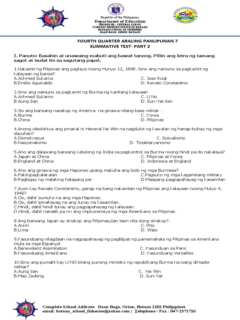 Summative Test Ap 7 4TH Quarter-Part 2 | PDF