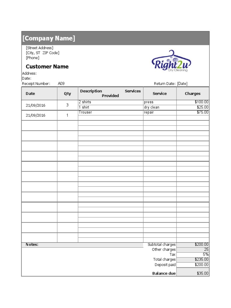 Dry Cleaning Invoice Receipt Template | PDF