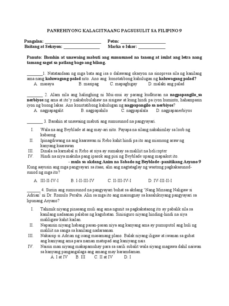 Panrehiyong Kalagitnaang Pagsusulit Sa Filipino 9 | PDF