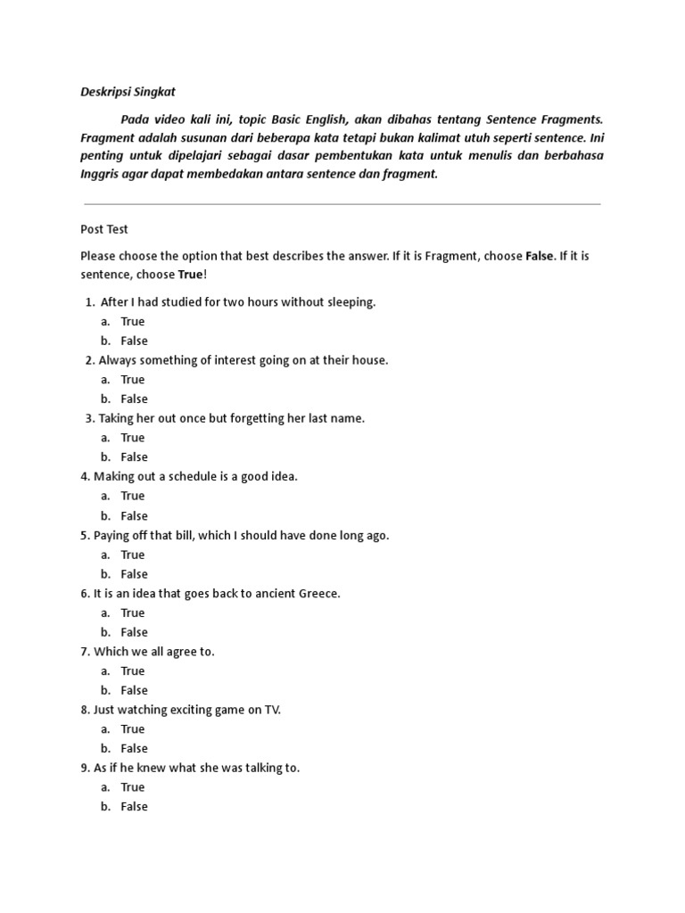 Basic English: Sentence Fragments Quiz | PDF