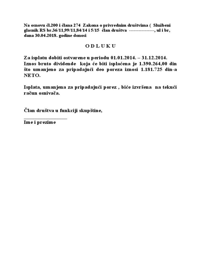 Odluka o Isplati Dobiti | PDF