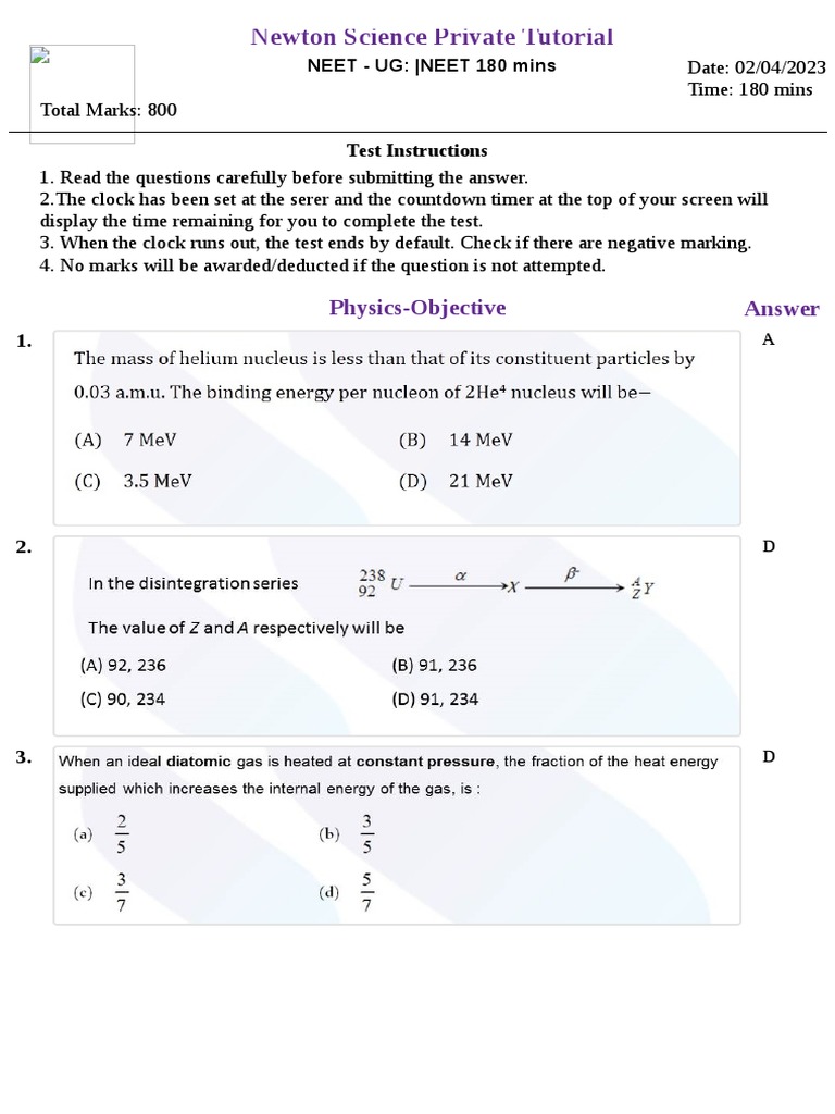 Neet Ans Key | PDF