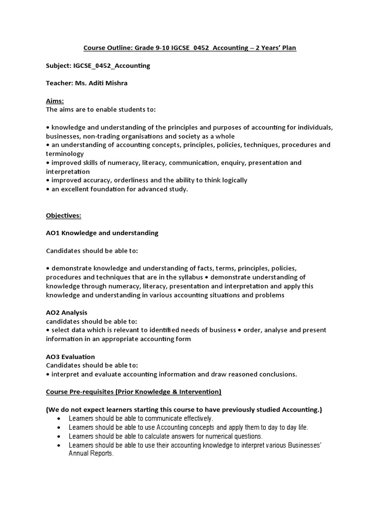 IGCSE 0452 Accounting Course Outline | PDF | Educational Assessment ...