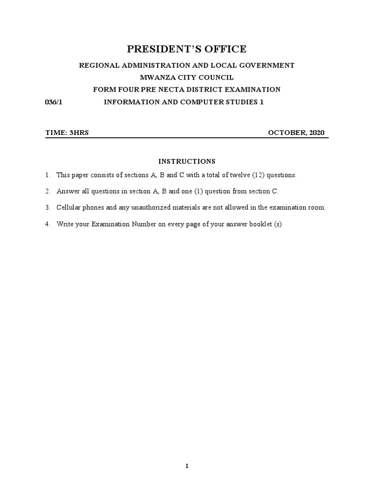 Mwanza Form Four ICS Pre-Necta Exam 2020 | PDF