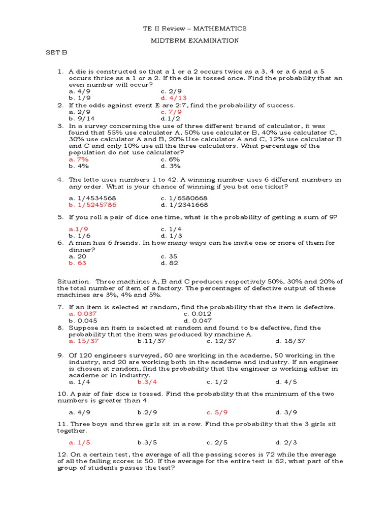 Math Midterm Exam Review | PDF | Odds | Mathematics