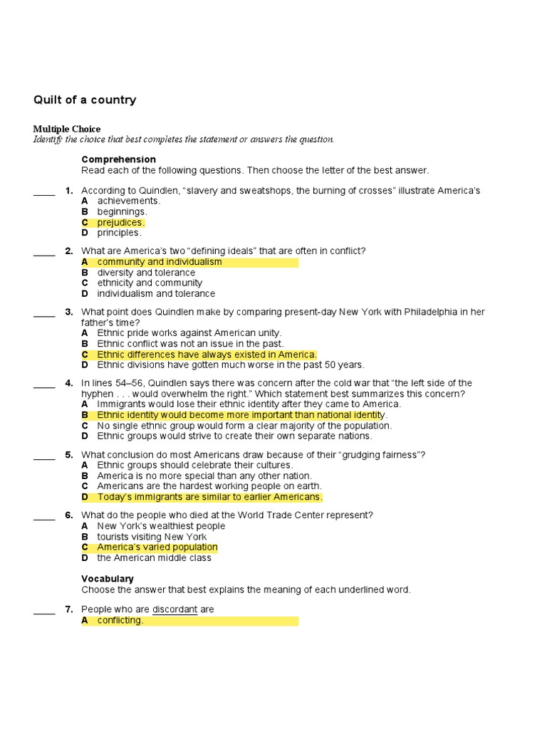 Quilt of A Country Worksheet-Questions | PDF | Ethnic Groups ...