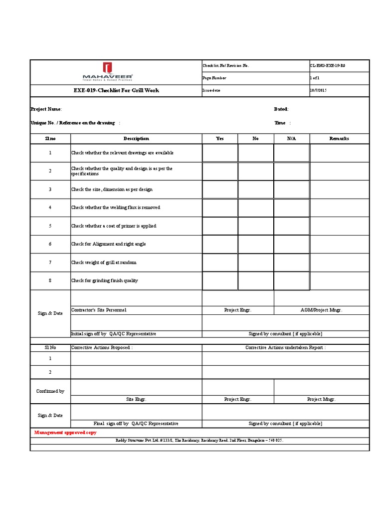 019 - CHECKLIST FOR Grill Work | PDF