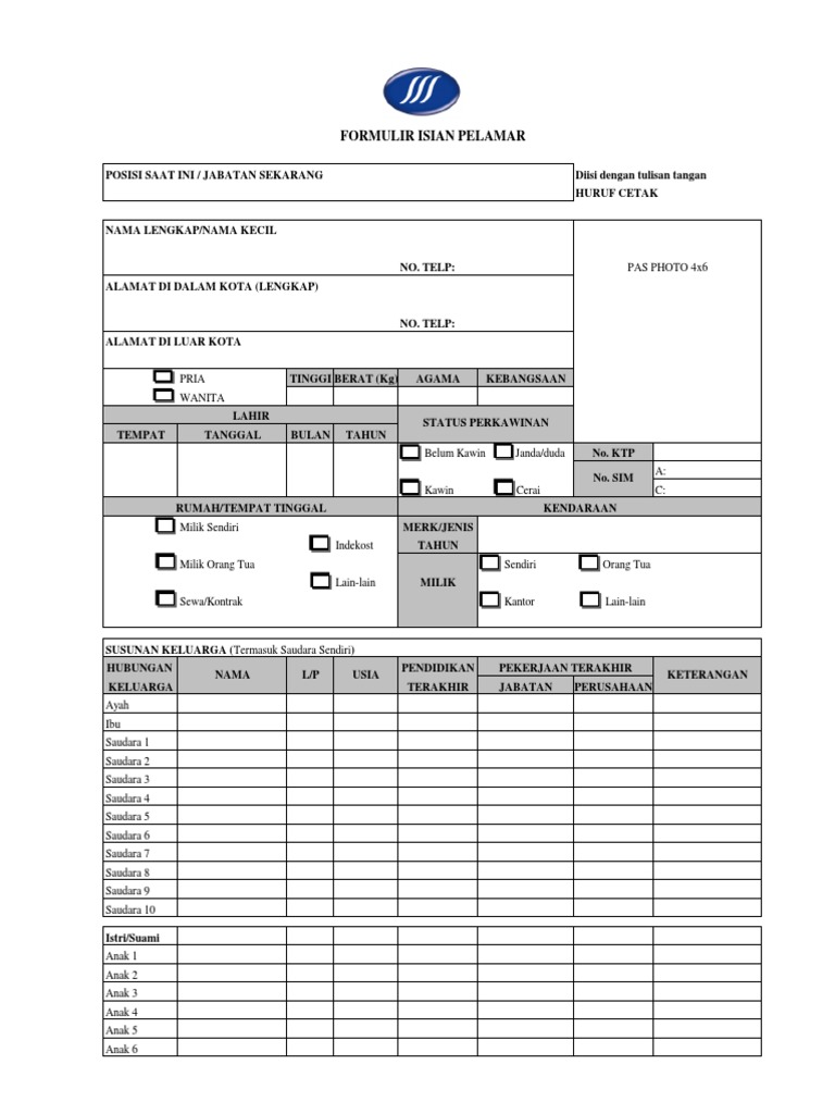 Formulir Data Pelamar Kerja Lengkap | PDF