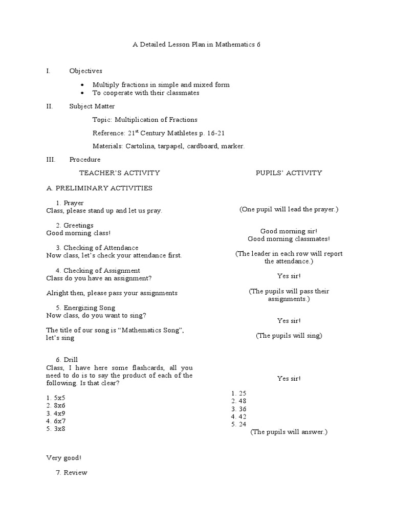 A Detailed Lesson Plan in Mathematics 6 Fraction 1 | PDF | Arithmetic ...