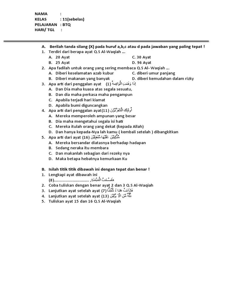Soal BTQ Kelas 11 | PDF